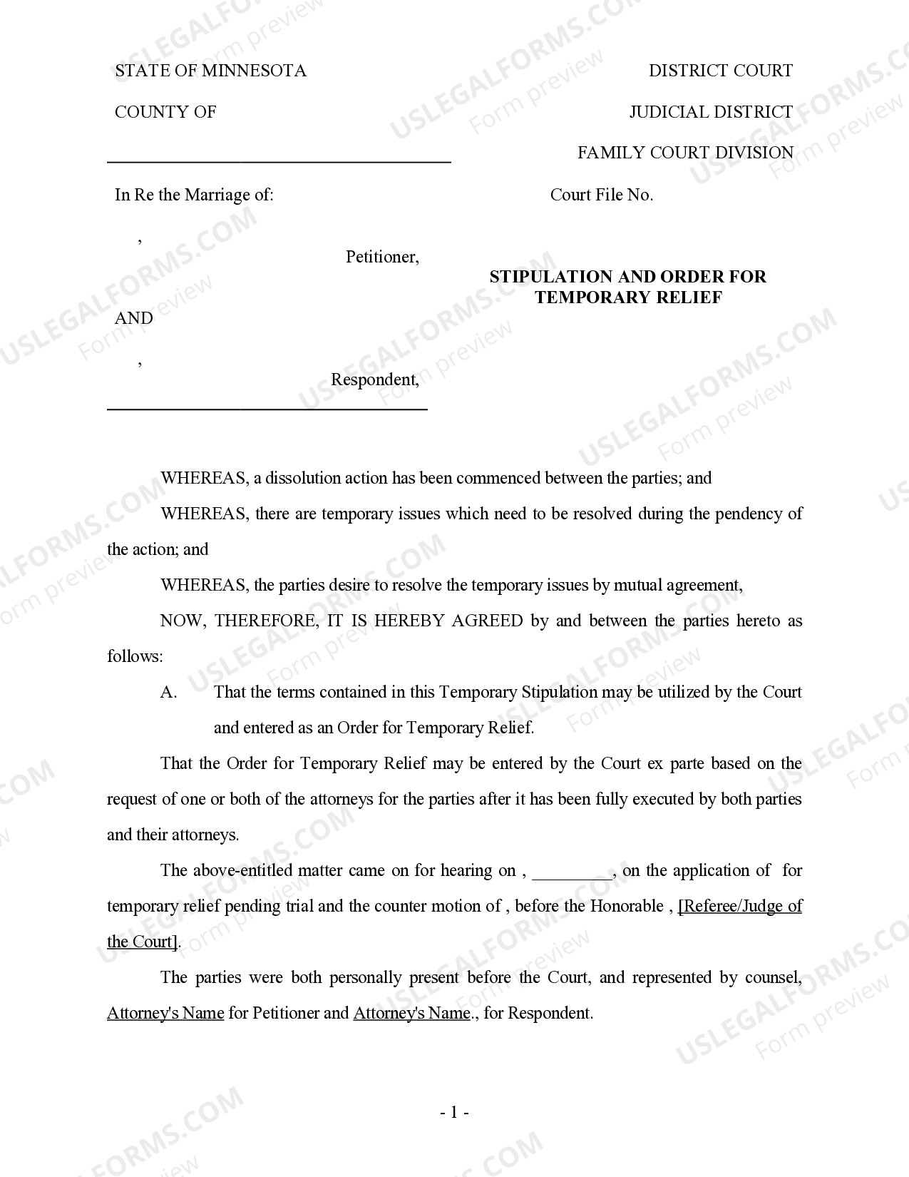 Minnesota Stipulation and Order for Temporary Relief | US Legal Forms
