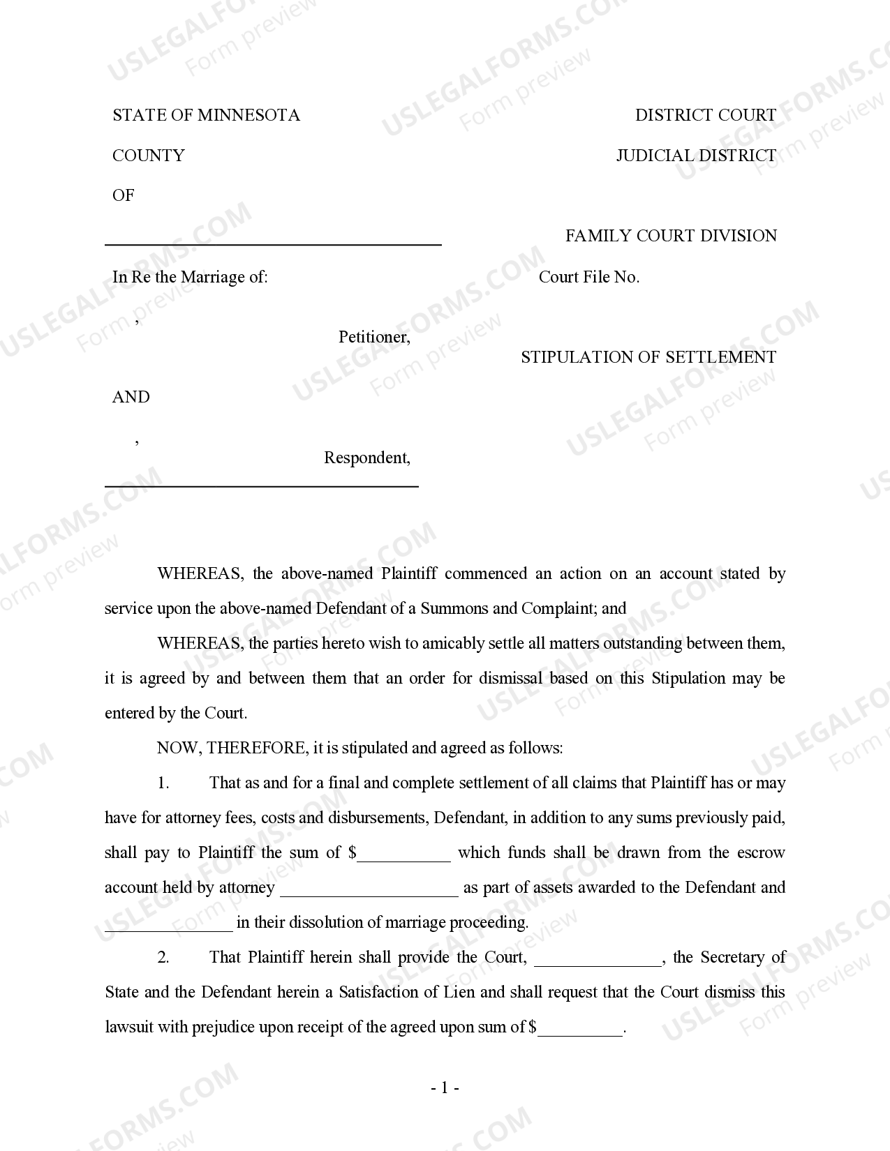 Minnesota Stipulation for Settlement | US Legal Forms