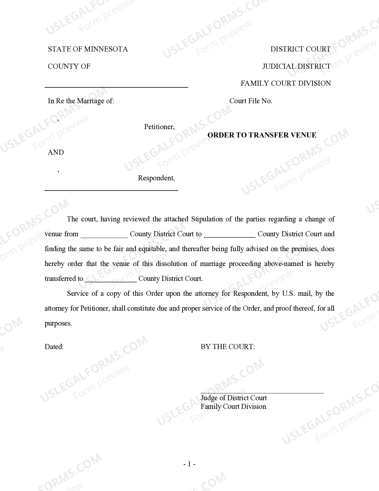 Minnesota Order to Transfer Venue - Agreed Stipulation | US Legal Forms