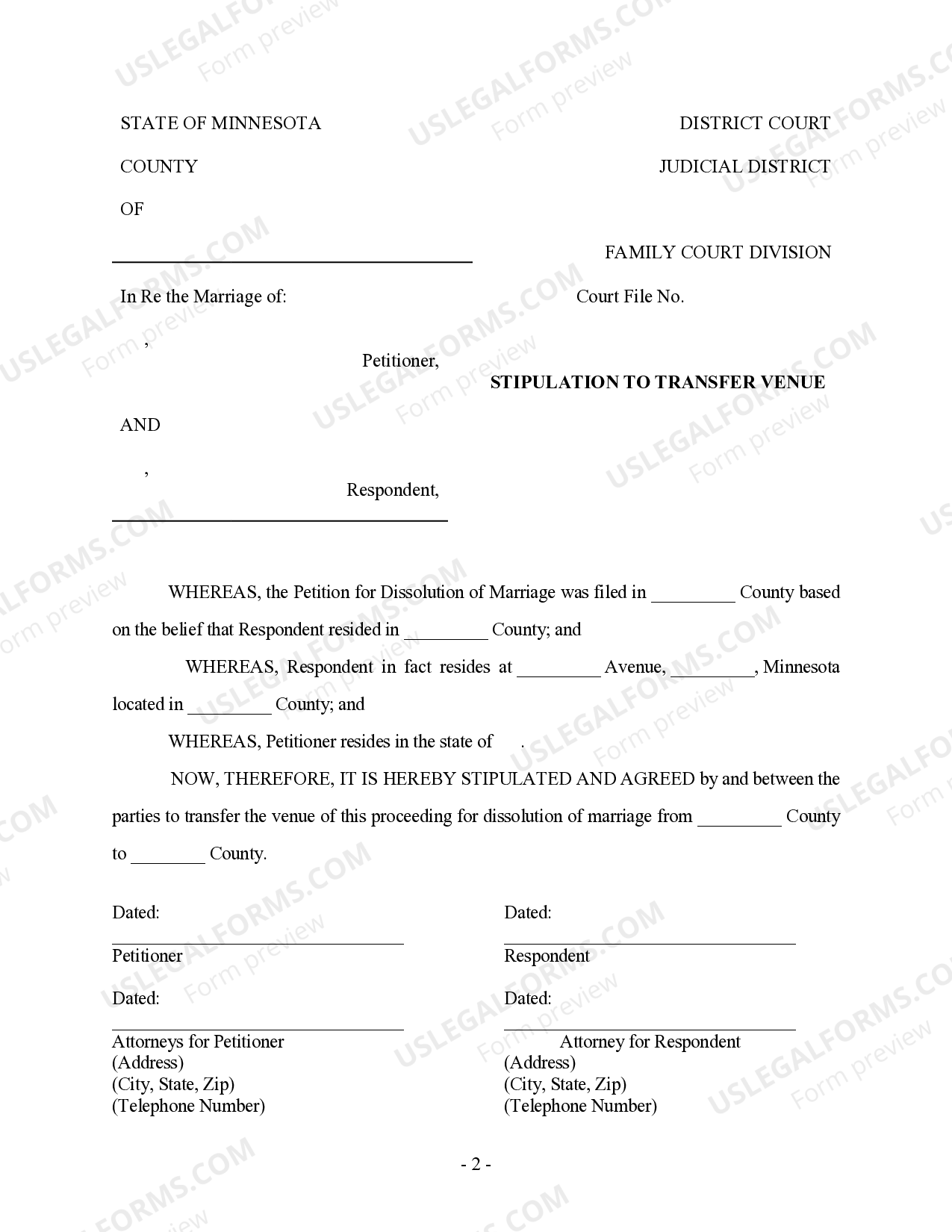 Minnesota Order to Transfer Venue - Agreed Stipulation | US Legal Forms