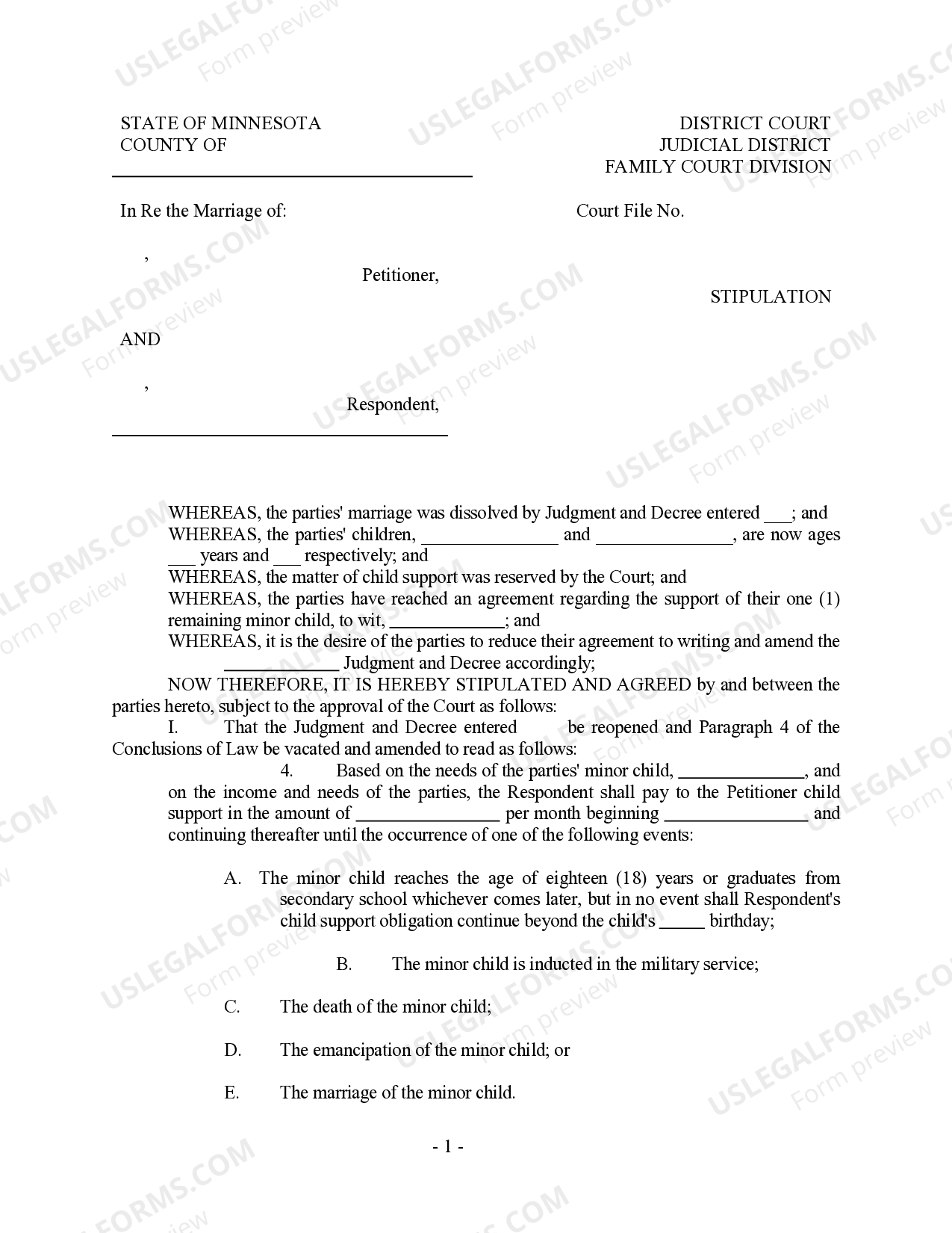 Minnesota Stipulation that Judgment Be Reopened | US Legal Forms