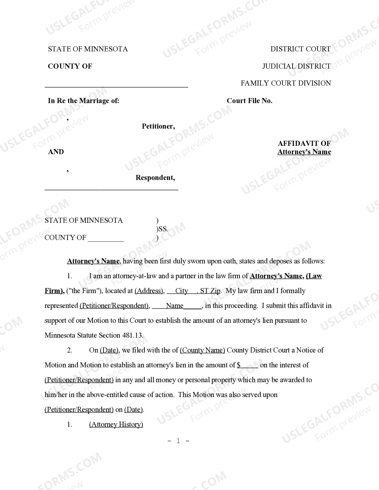 Minnesota Affidavit in Support of Motion to Establish Lien for Unpaid ...