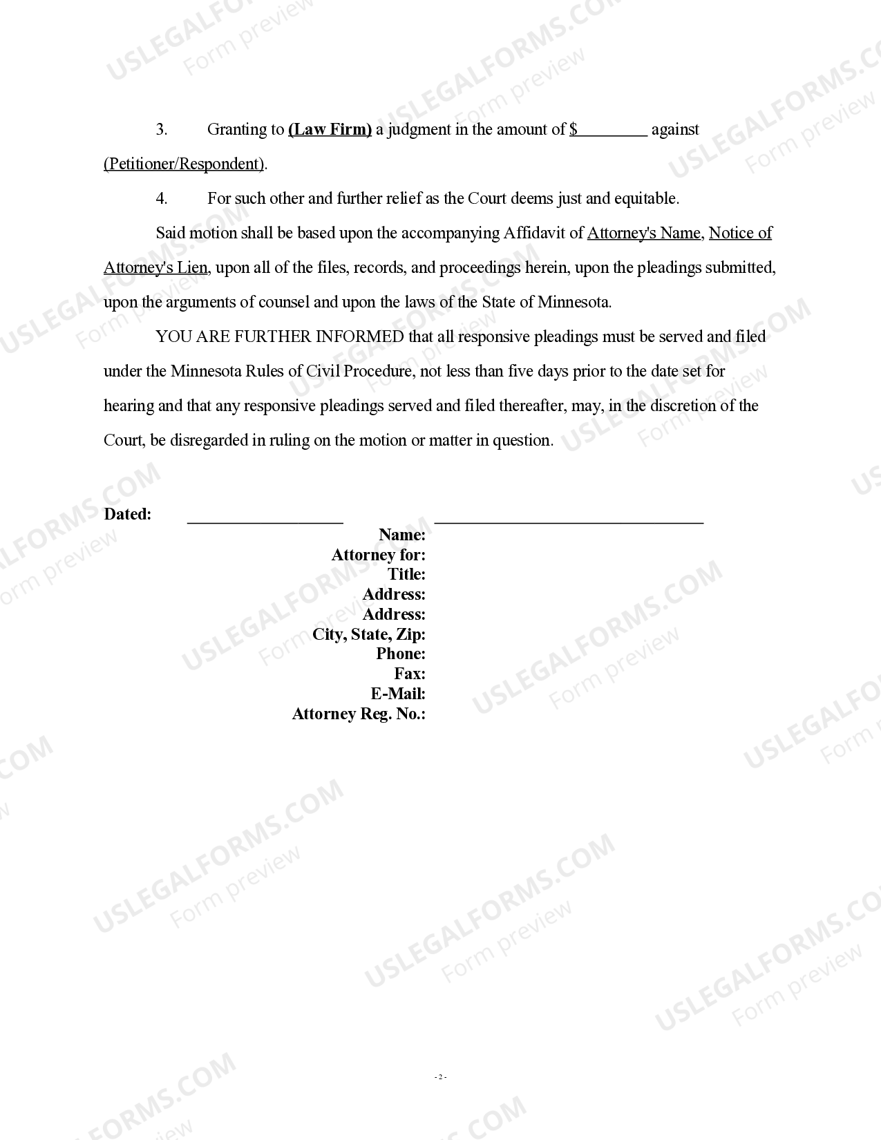 Minnesota Notice of Motion and Motion to Collect Attorney's Fees | US ...