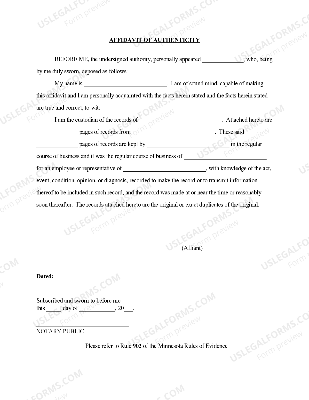 Minnesota Affidavit of Authenticity by Records Custodian - Affidavit Of ...