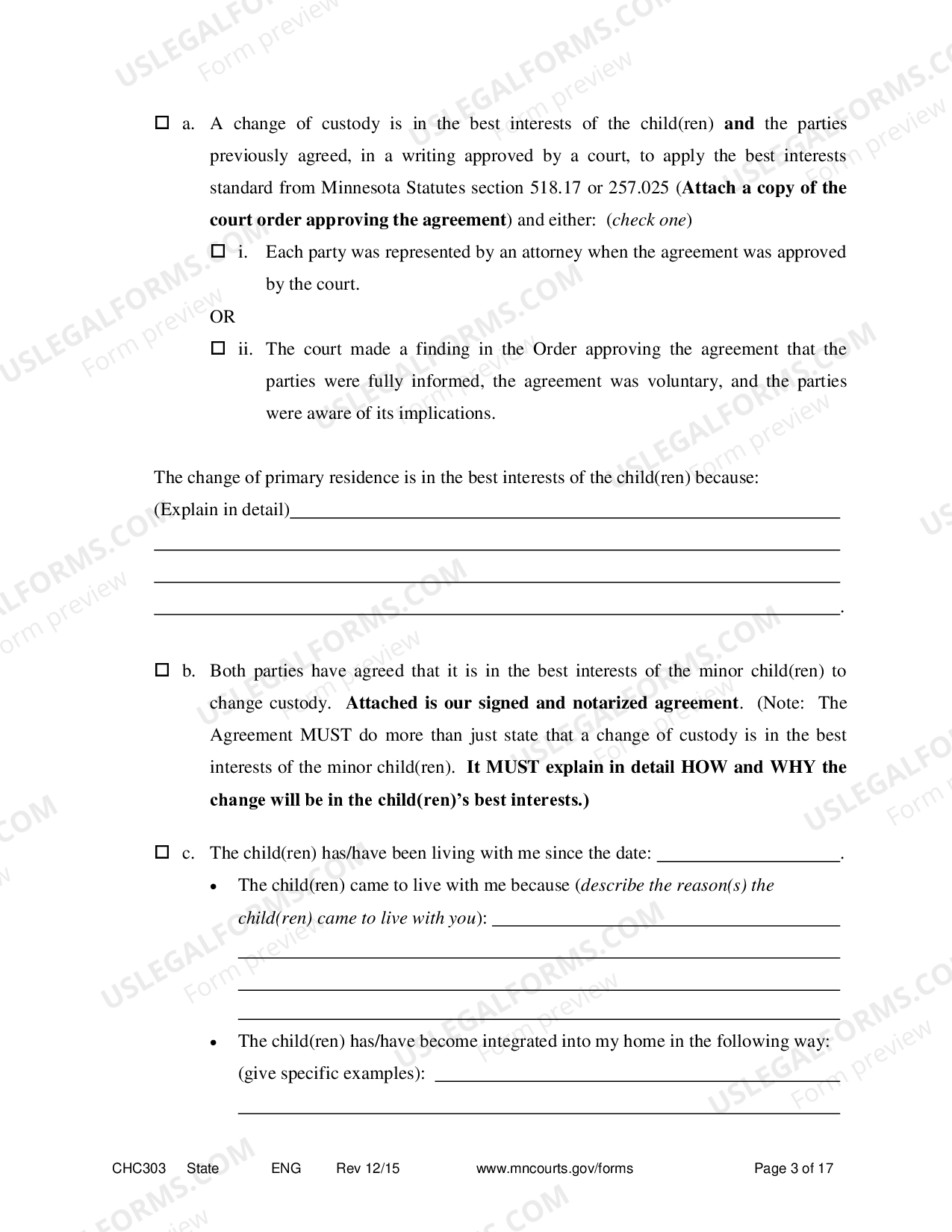 Minnesota Affidavit in Support of Motion to Change Custody - Child ...