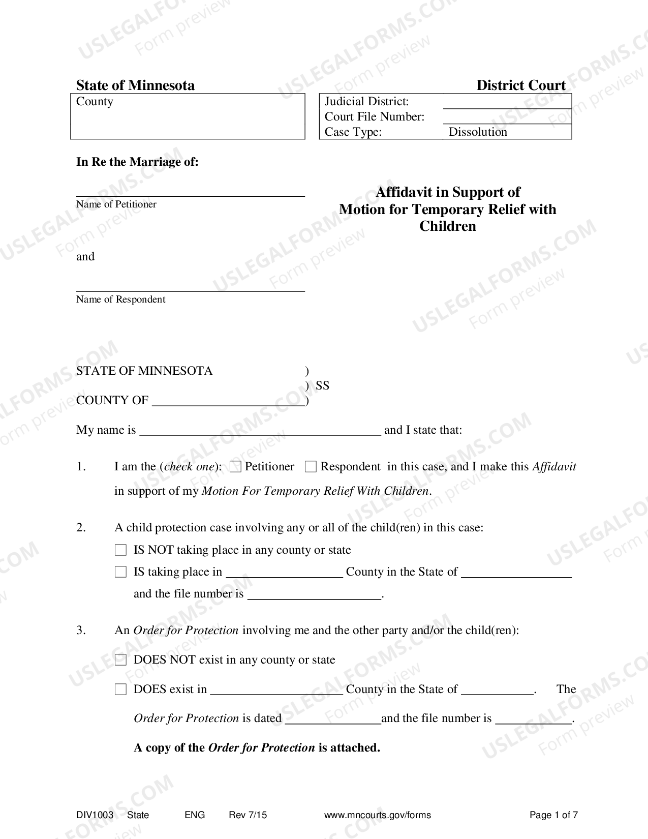 Minnesota Affidavit in Support of Motion for Temporary Relief with ...