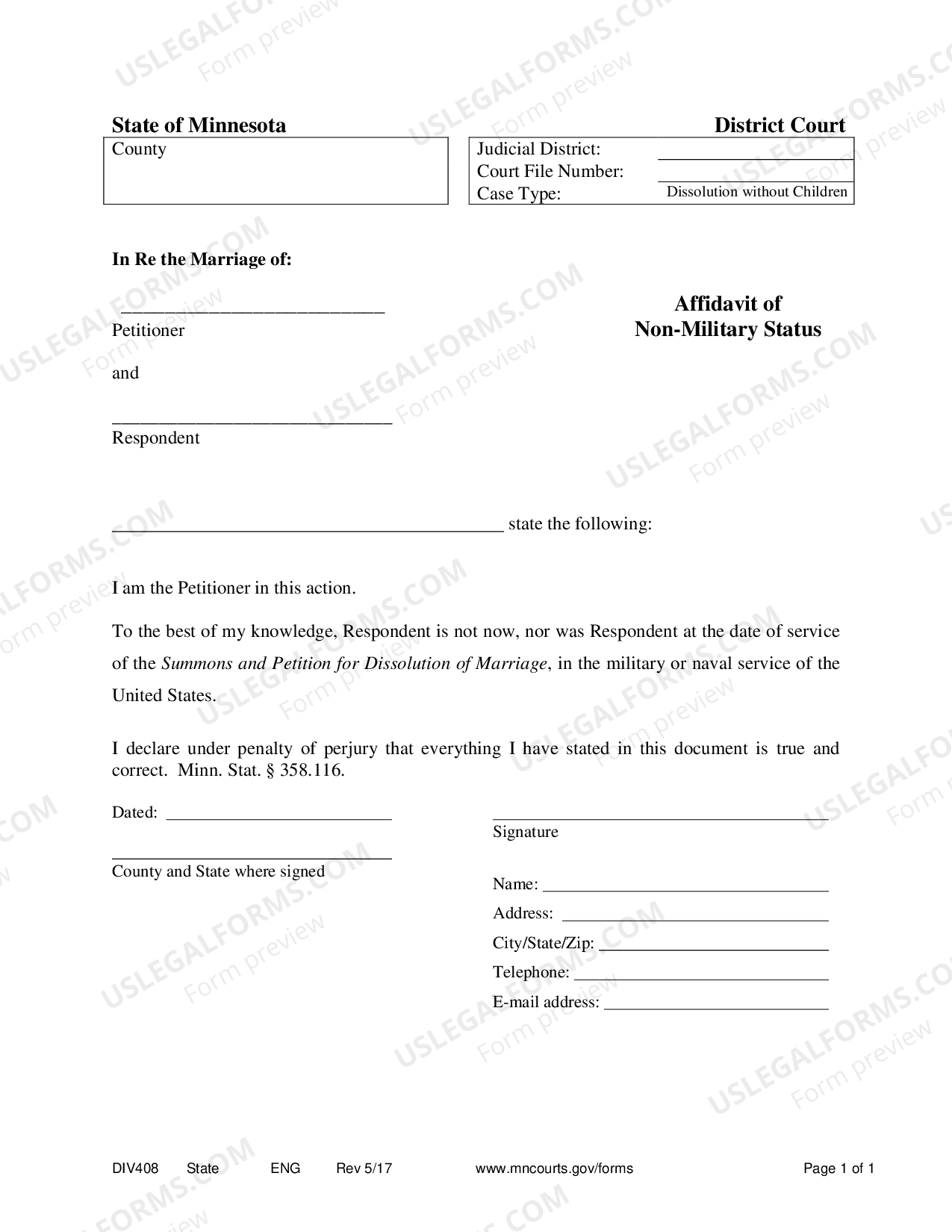 Minnesota Affidavit of Non Military Status, Service, and Default | US Legal Forms