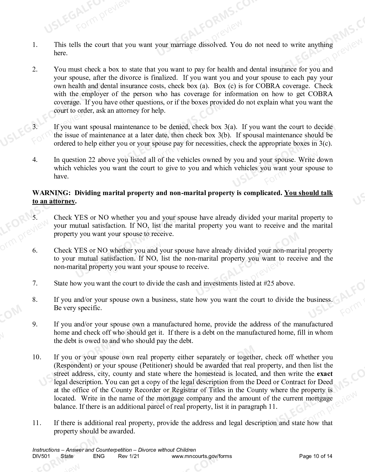 Minnesota Instructions - Answer and Counterpetition | US Legal Forms