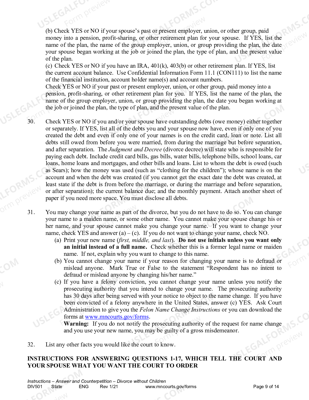 Minnesota Instructions - Answer and Counterpetition | US Legal Forms