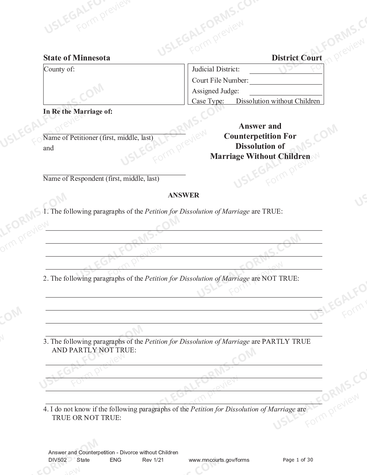 Minnesota Answer and Counter - Petition without Children | US Legal Forms