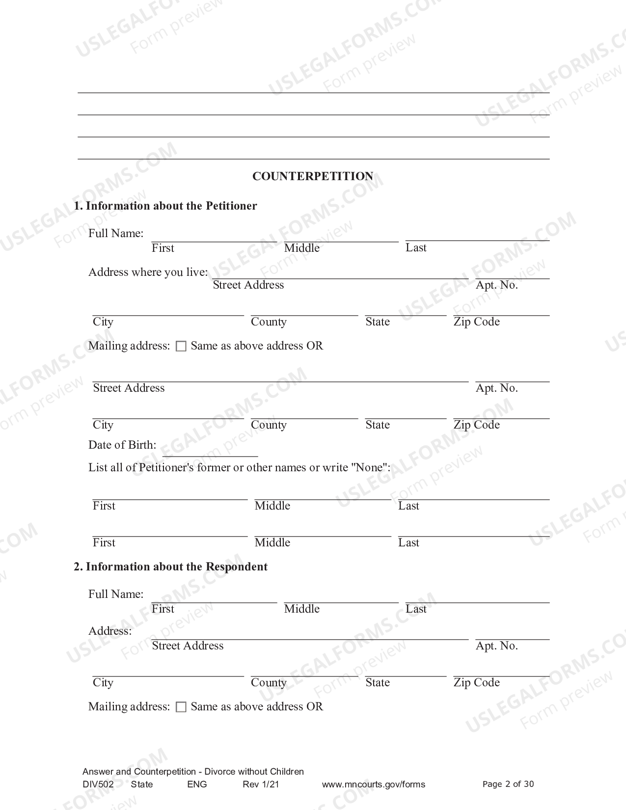 Minnesota Answer and Counter - Petition without Children | US Legal Forms