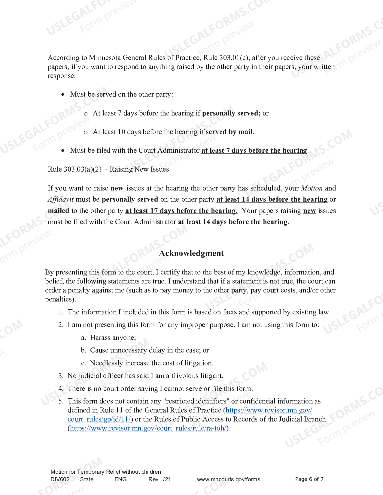 Minnesota Notice of Motion and Motion for Temporary Relief without ...