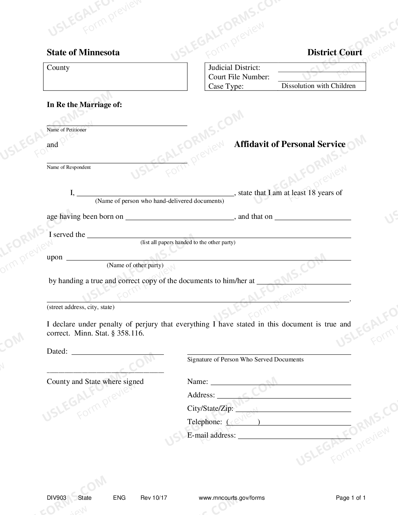 Minnesota Affidavit of Personal Service With Children | US Legal Forms