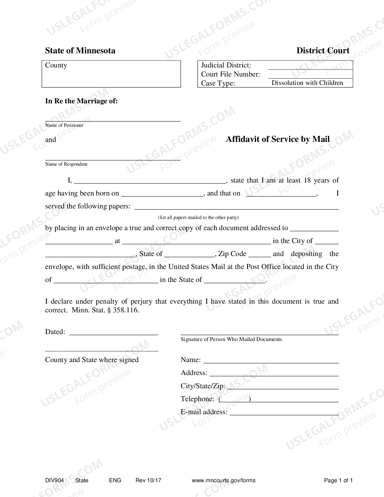 Minnesota Affidavit of Service by Mail With Children | US Legal Forms