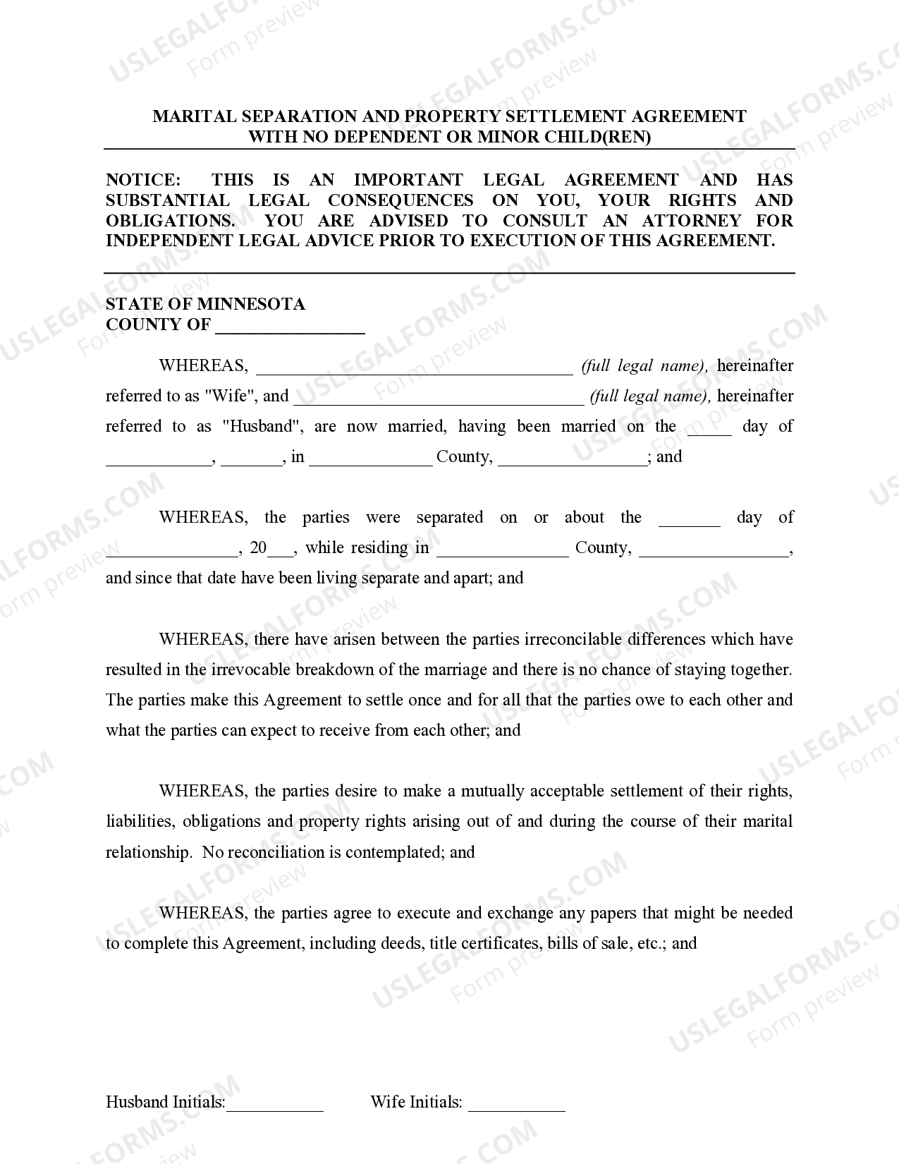 Minnesota Marital Domestic Separation and Property Settlement Agreement ...