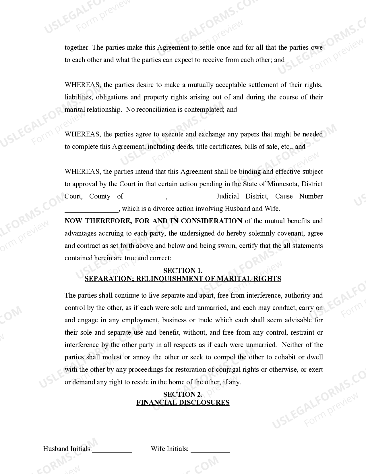 Minnesota Marital Domestic Separation and Property Settlement Agreement ...