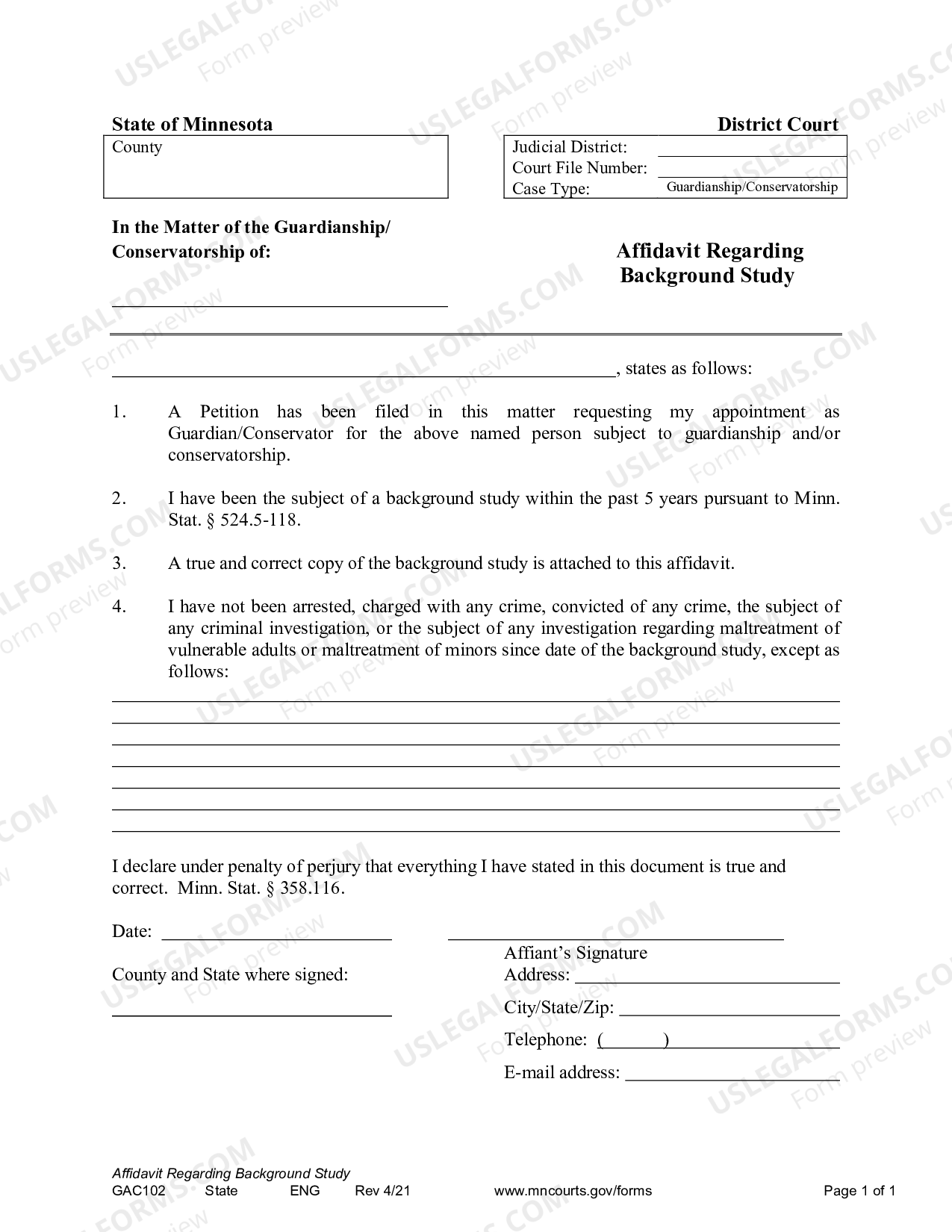 Minnesota Affidavit regarding Background Study | US Legal Forms