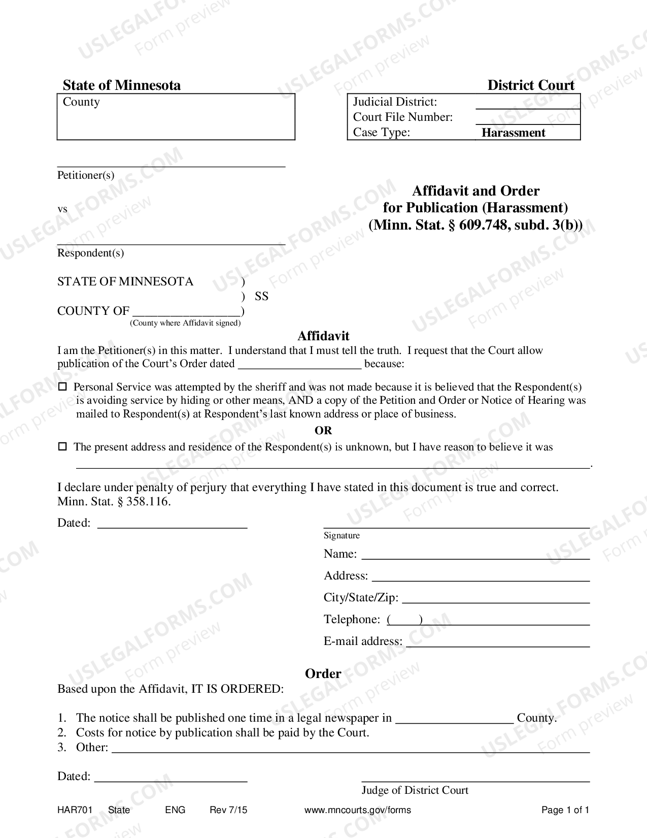 Minnesota Affidavit and Order for Publication | US Legal Forms