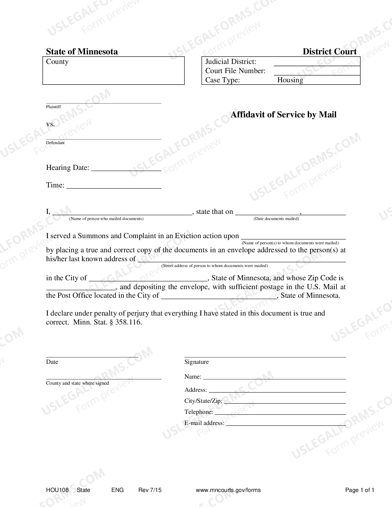 Minnesota Affidavit of Service by Mail for Eviction - Mn Eviction Laws For Family Members | US ...