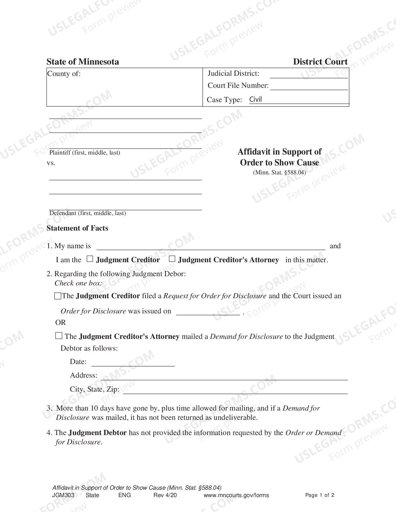 Minnesota Affidavit in Support of Order to Show Cause | US Legal Forms