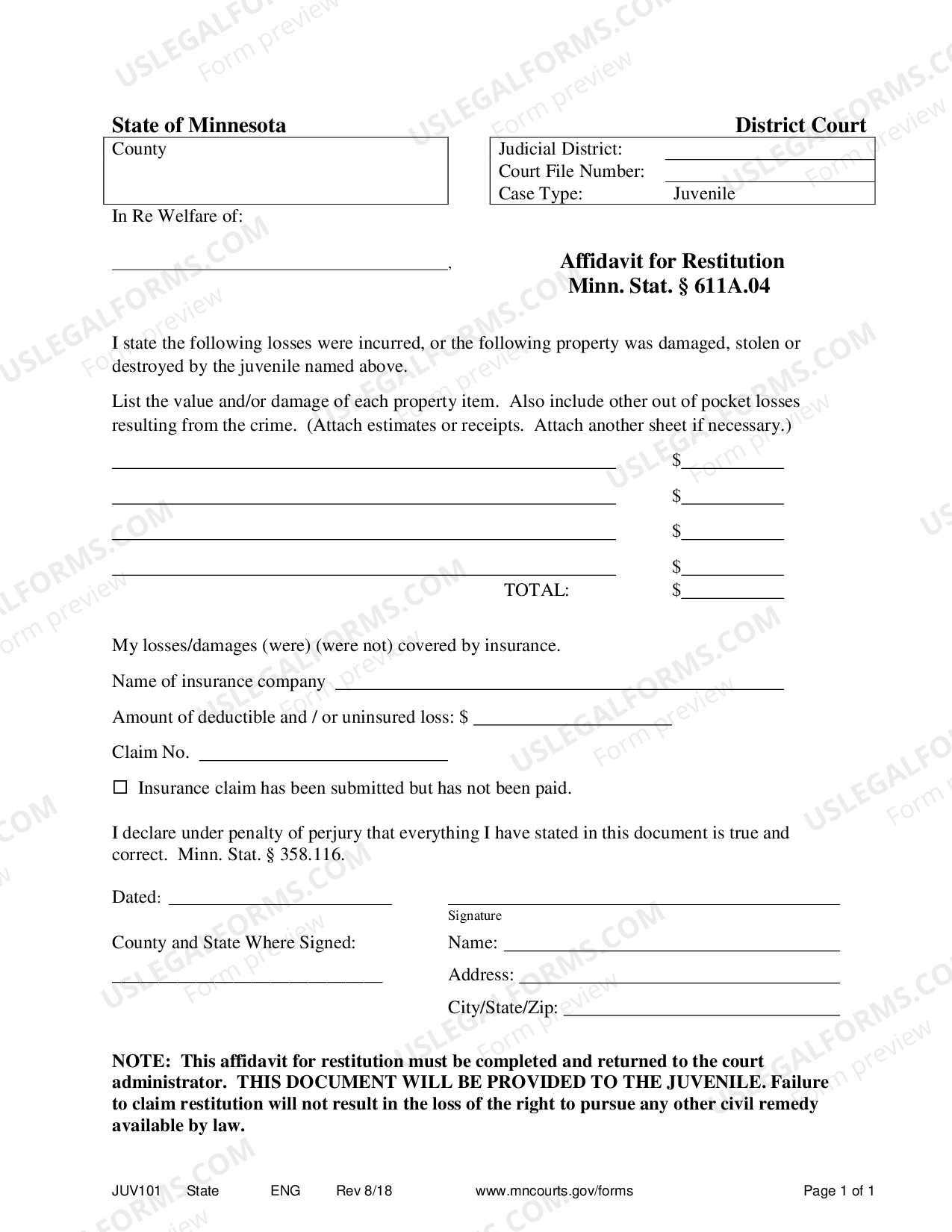 Minnesota Affidavit for Restitution | US Legal Forms