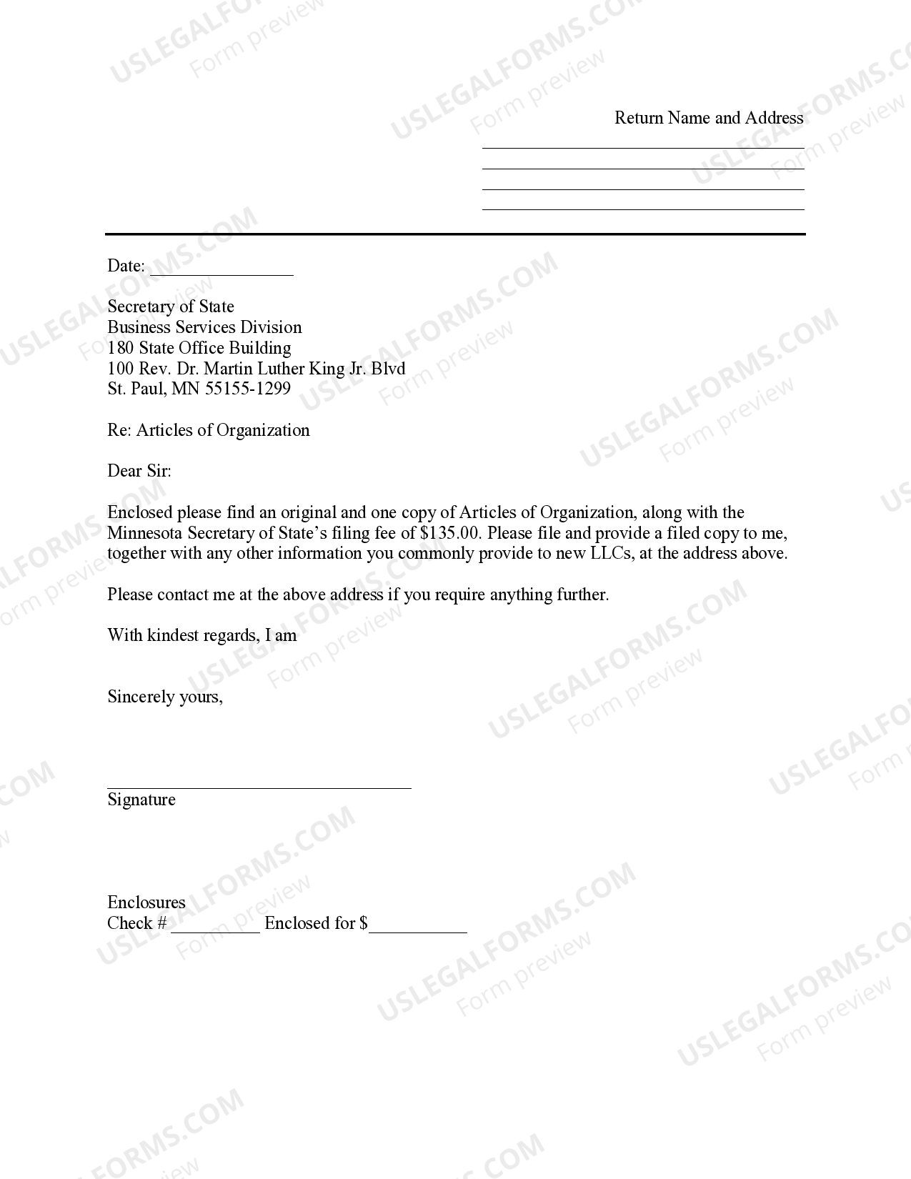 Minnesota Sample Cover Letter for Filing of LLC Articles or Certificate ...