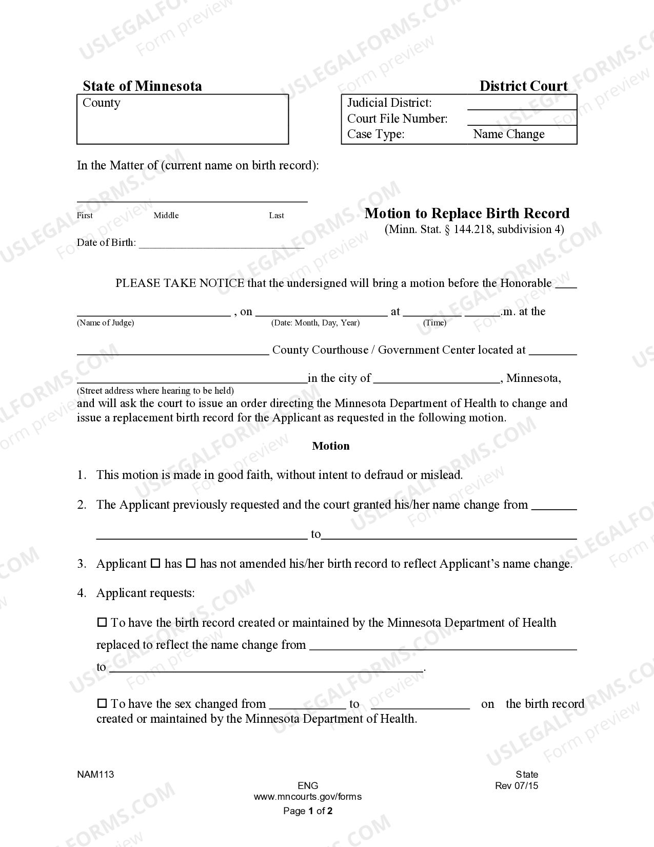 Minnesota Motion to Replace Birth Record | US Legal Forms