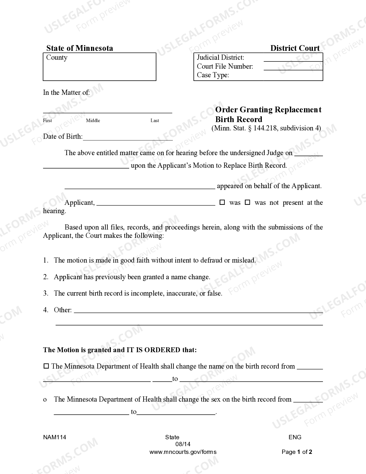 Minnesota Order Granting Replacement Birth Record | US Legal Forms