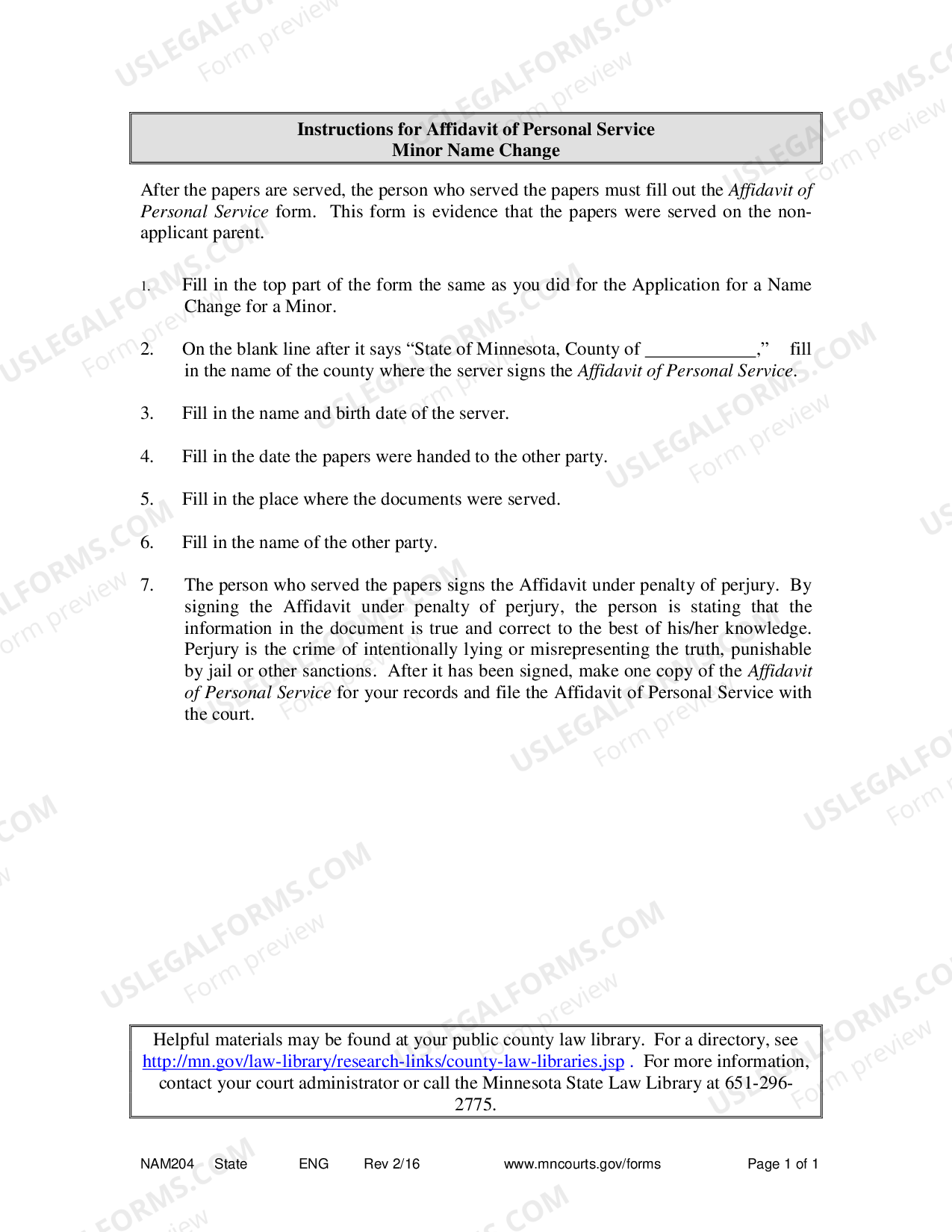 Minnesota Instructions for Affidavit of Personal Service | US Legal Forms