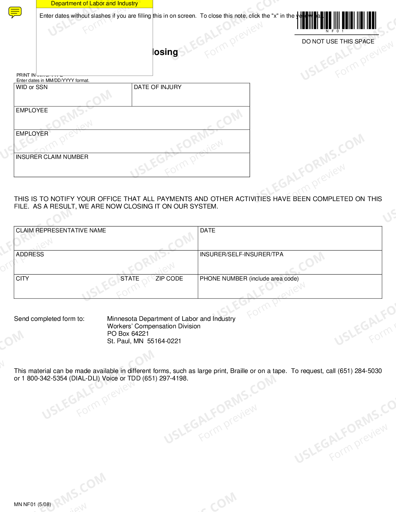 Minnesota Notice of File Closing for Workers' Compensation | US Legal Forms