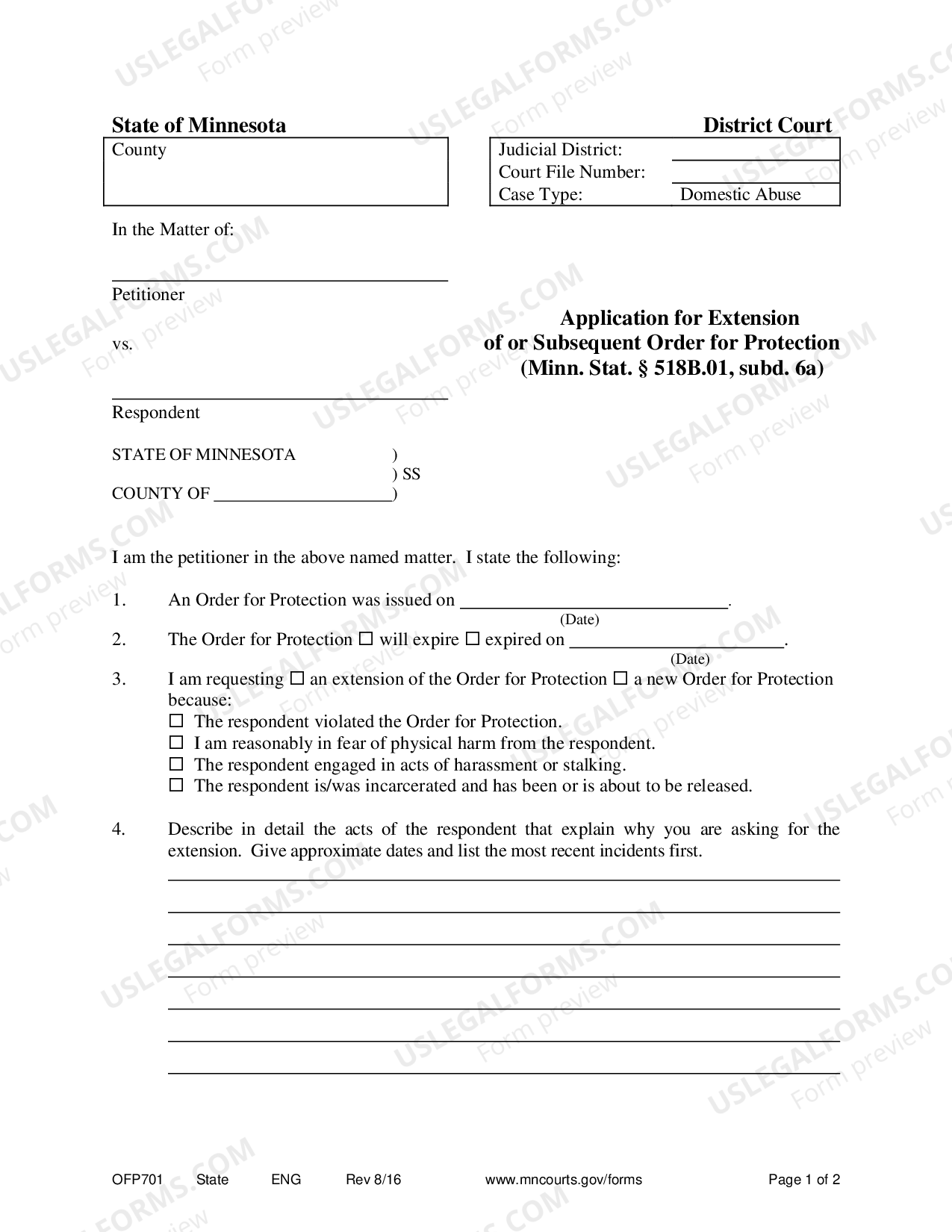 Minnesota Application for Extension of Order for Protection - Mn Ofp ...