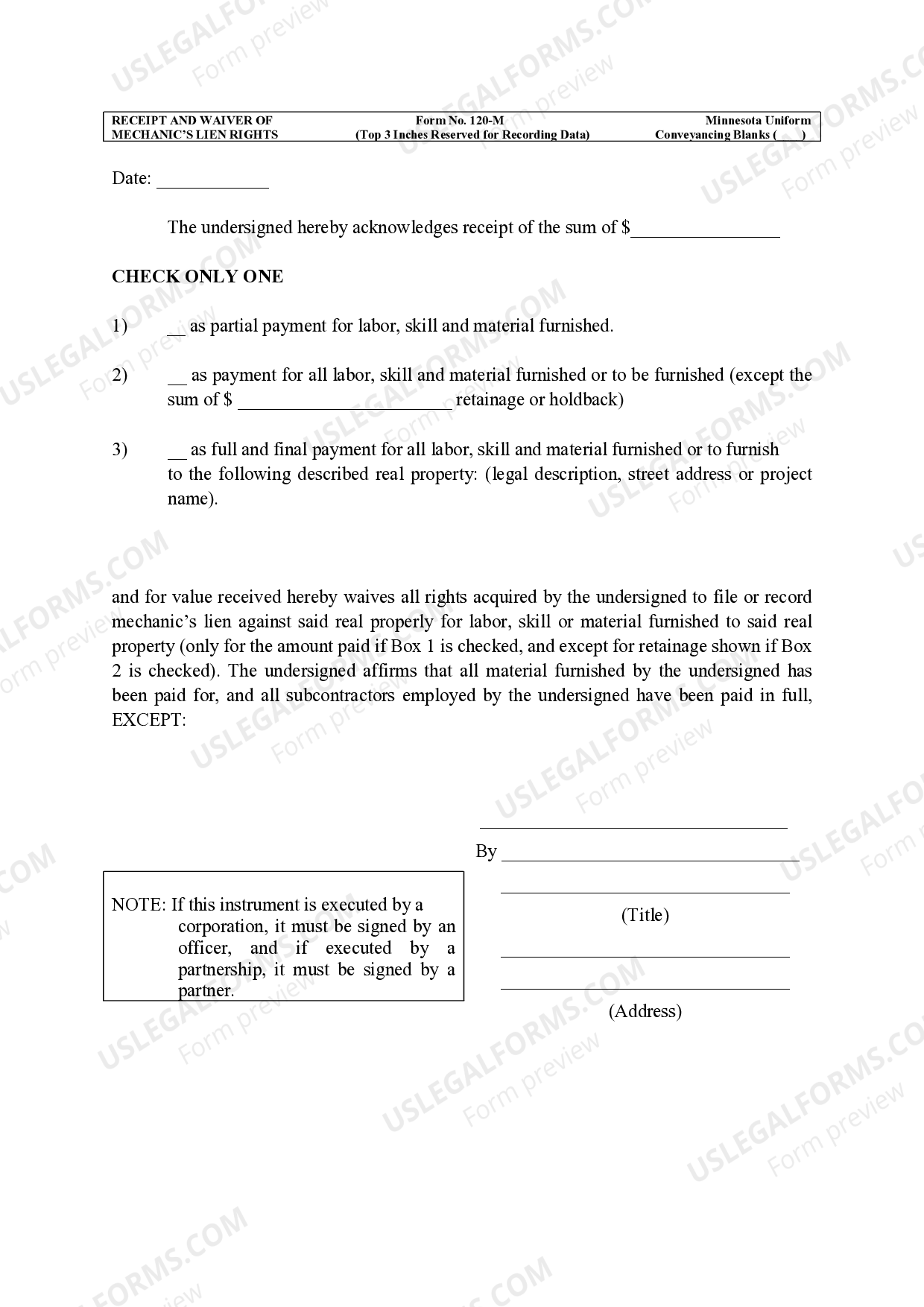 Minnesota Receipt and Waiver of Mechanic’s Lien Rights | US Legal Forms