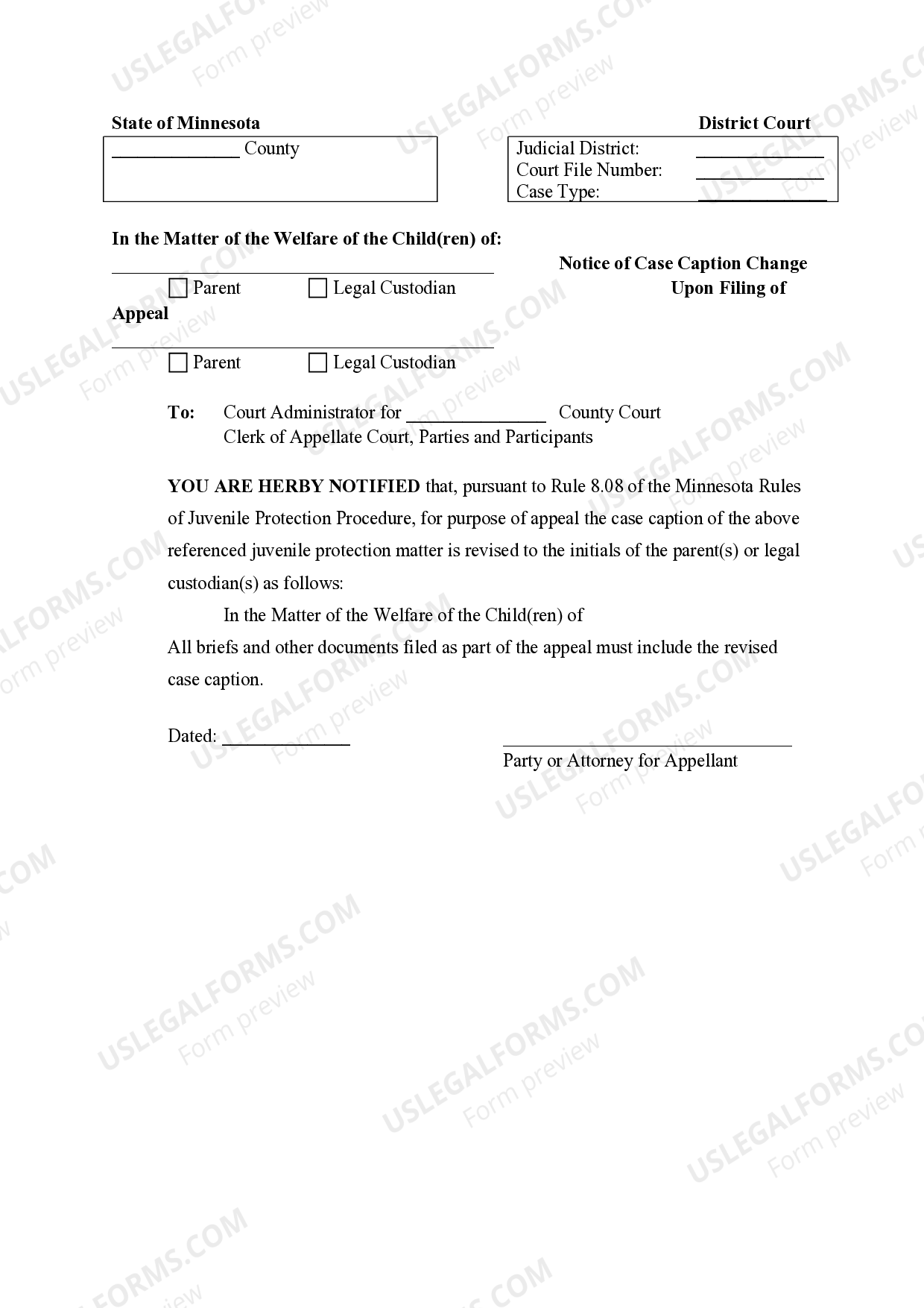 Minnesota Notice of Case Caption Change upon Filing of Appeal - Mn Case ...