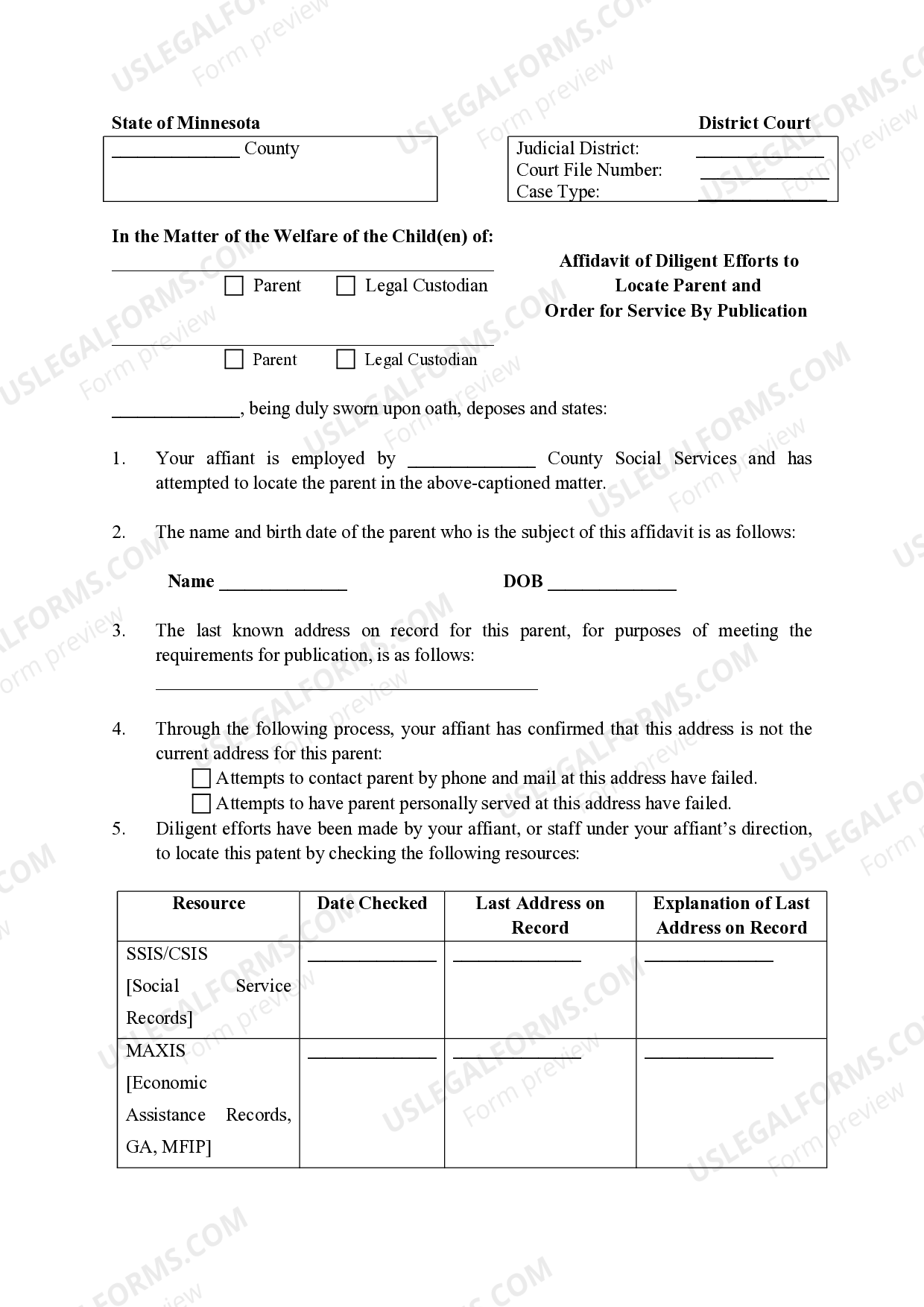 Minnesota Affidavit of Diligent Efforts to Locate Parent and Order for ...