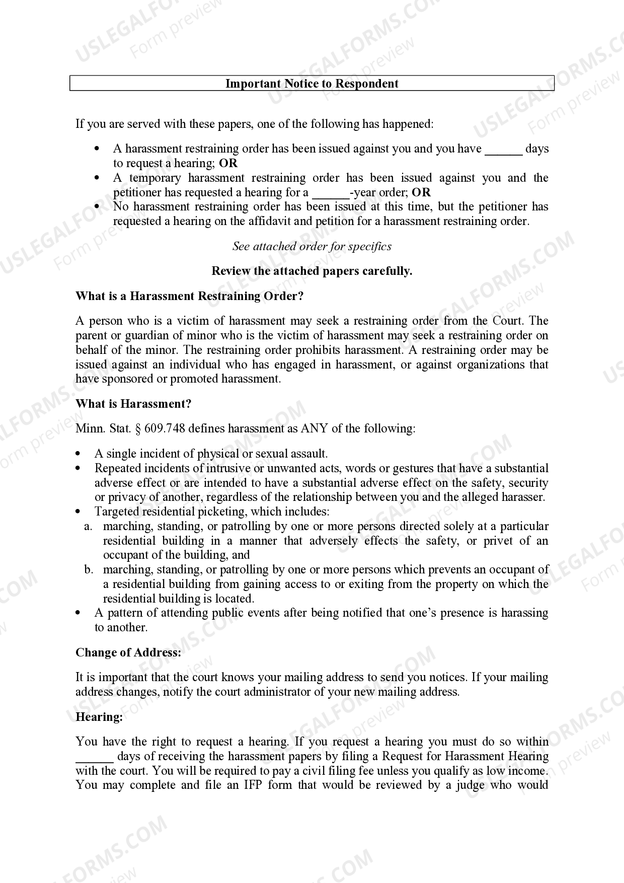 Minnesota Important Notice to Respondent Regarding Restraining Order ...