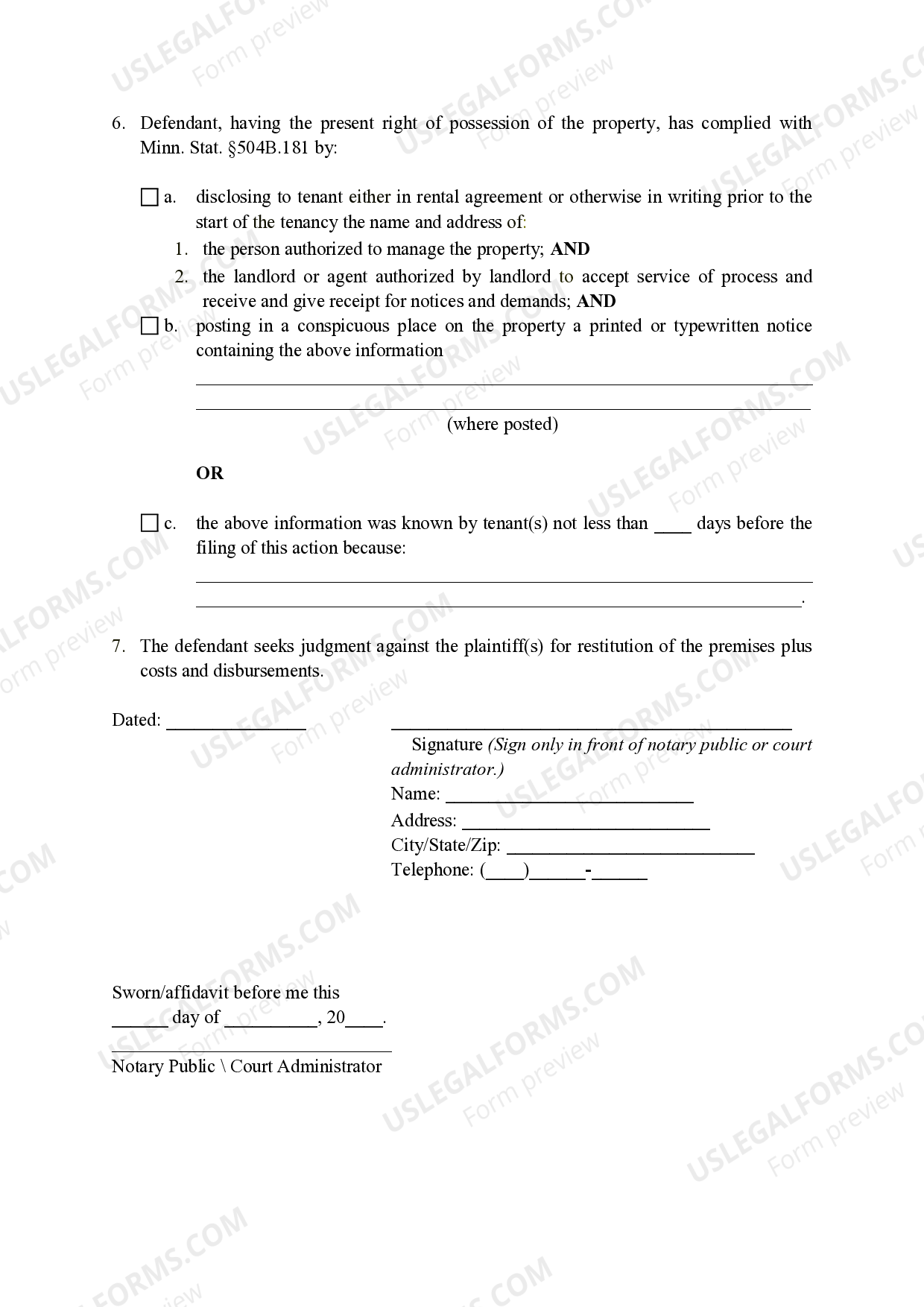 Minnesota Counterclaim for Possession of Premises and Notice of ...