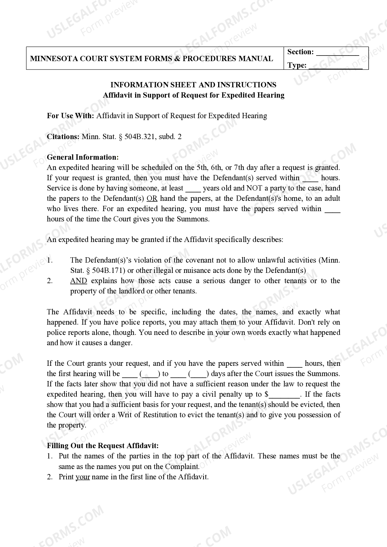 Minnesota Information Sheet and Instructions for Affidavit in Support ...