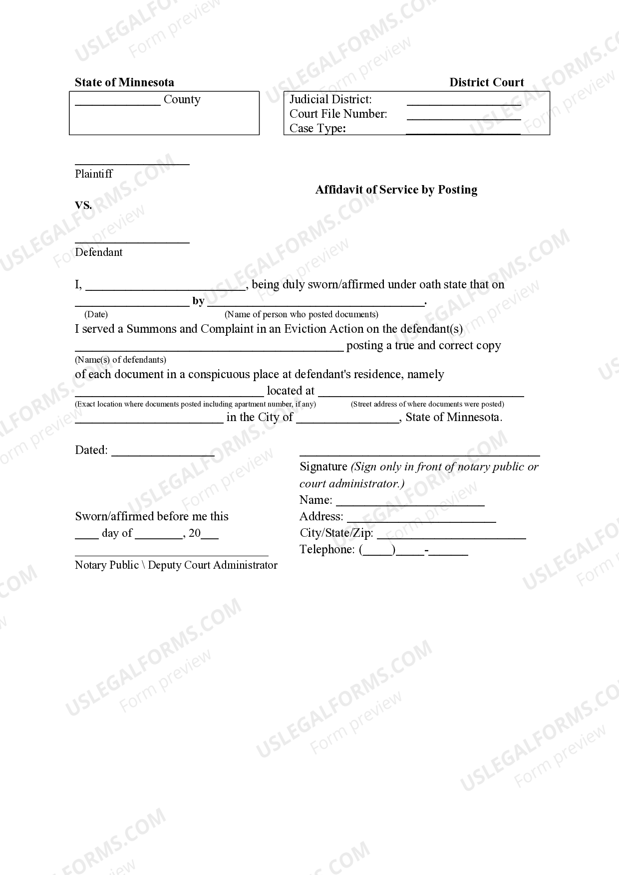 Minnesota Affidavit of Service of Posting | US Legal Forms