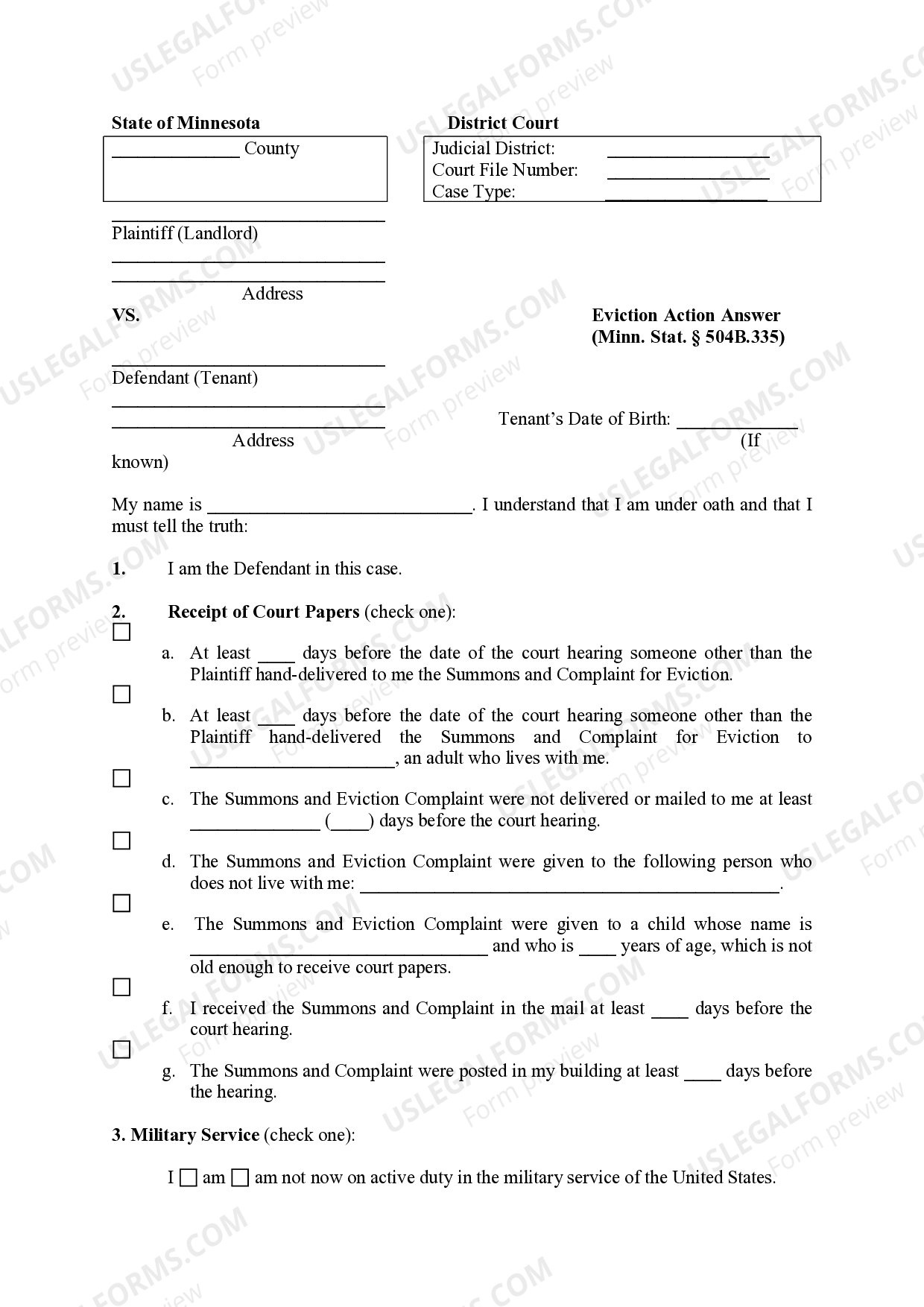 Minnesota Eviction Action Answer - Eviction Action Mn | US Legal Forms