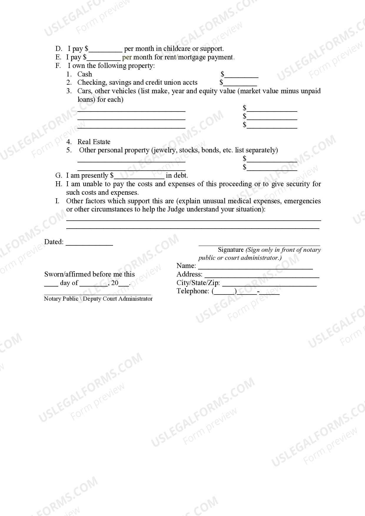 Minnesota Affidavit for Proceeding In Forma Pauperis - Minnesota Forma ...