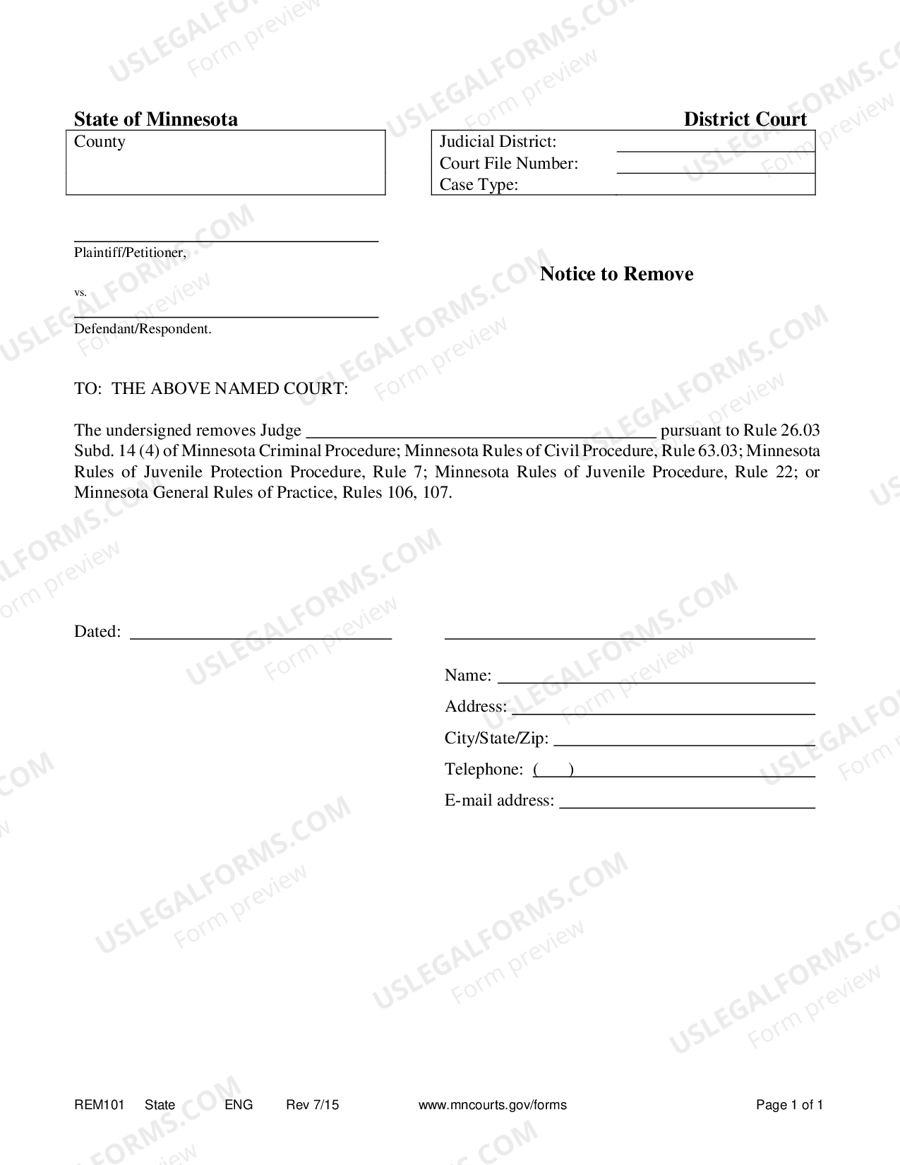 Minnesota Notice to Remove | US Legal Forms