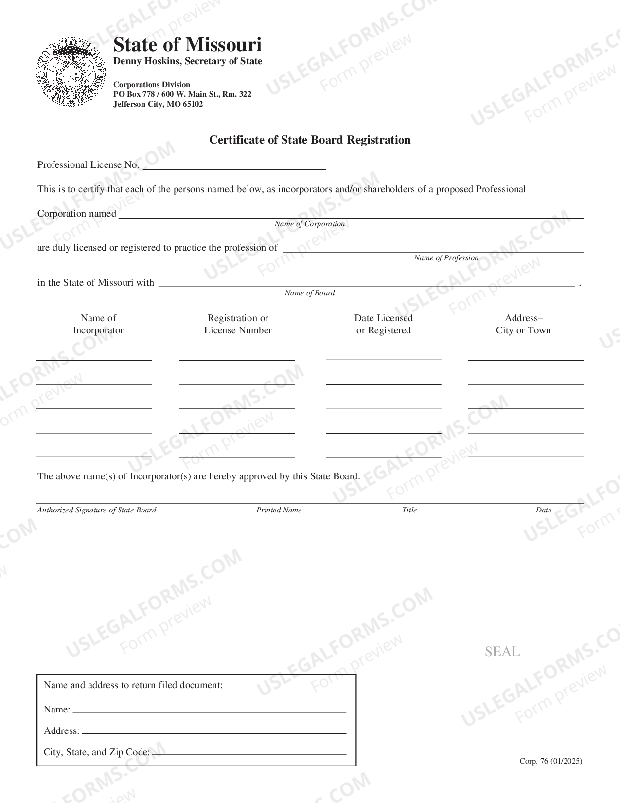 Missouri Certificate of Board Registration - Certificate Of Good ...