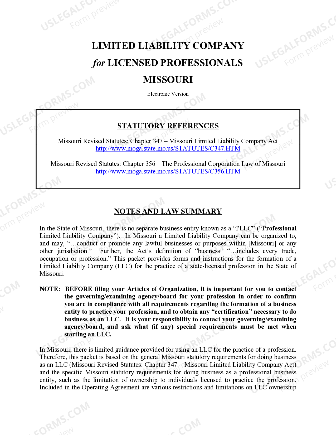Missouri Professional Limited Liability Company PLLC Formation Package ...