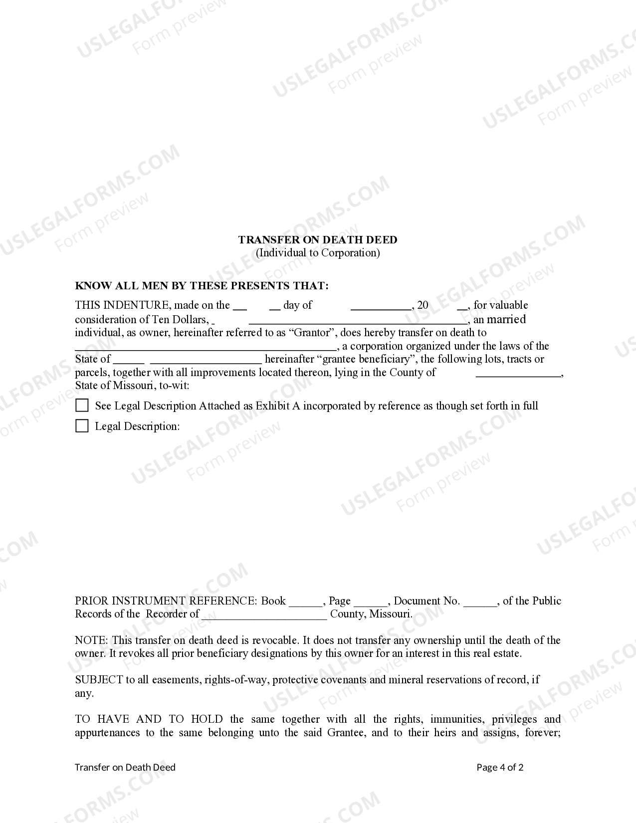 Missouri Transfer on Death Deed or TOD - Transfer On Death Deed | US Legal Forms
