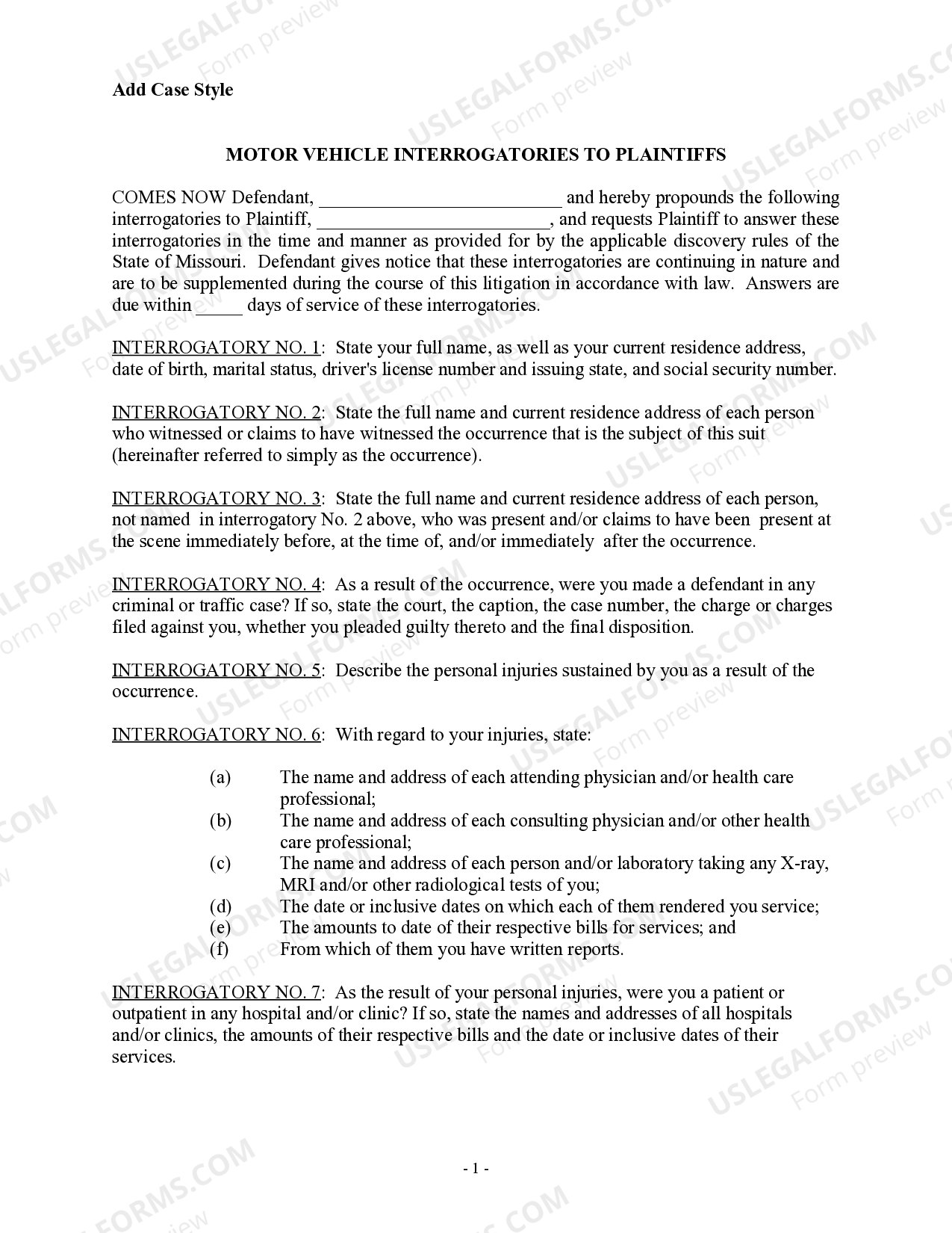 Missouri Interrogatories to Plaintiff for Motor Vehicle Occurrence | US ...