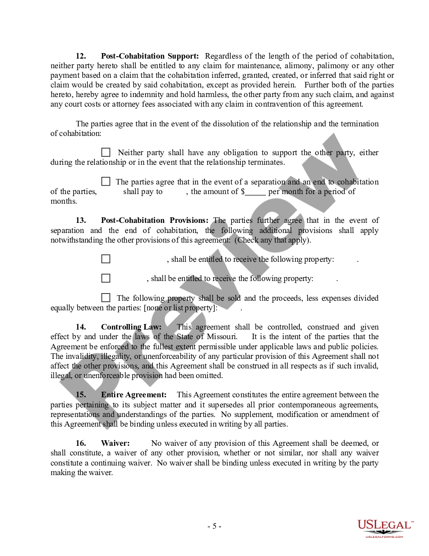 Missouri Non Marital Cohabitation Living Together Agreement Cohabitation Living Together Us
