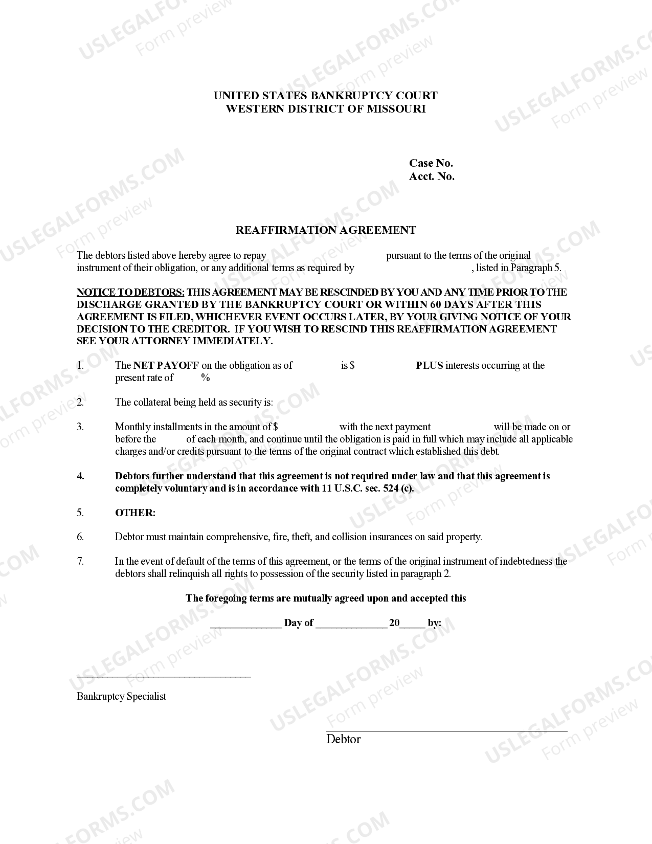 Missouri Reaffirmation Agreement | US Legal Forms