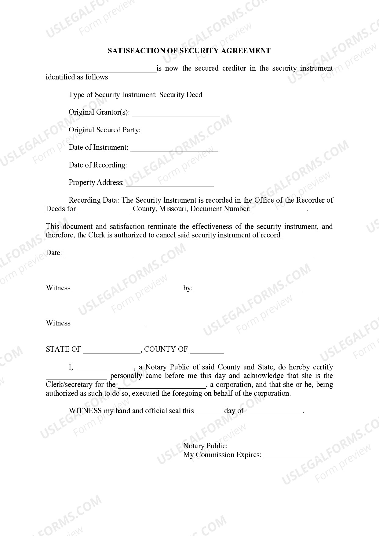 Missouri Satisfaction of Security Agreement | US Legal Forms