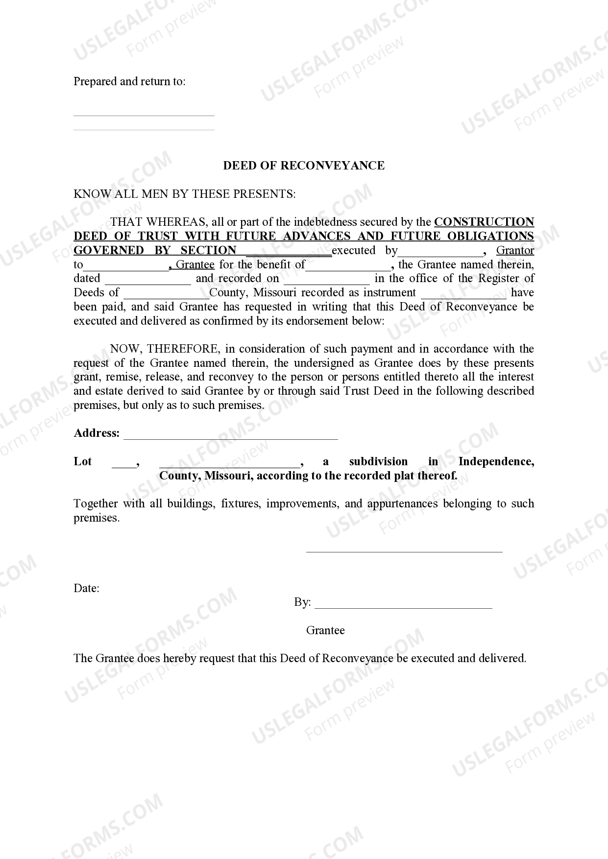 Missouri Deed of Reconveyance - Deed Of Reconveyance Sample | US Legal Forms
