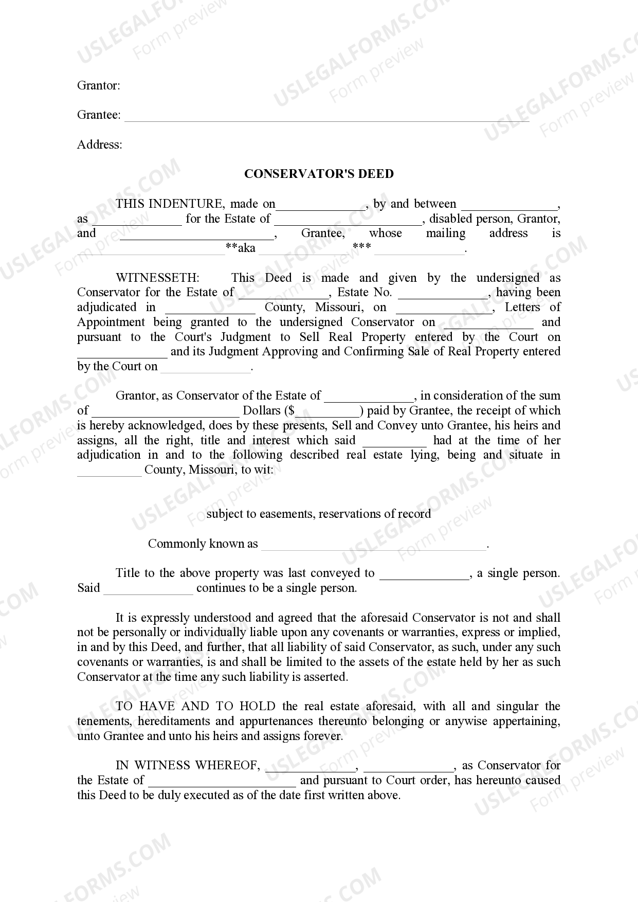 Missouri Conservator’s Deed - Conservator's Deed | US Legal Forms